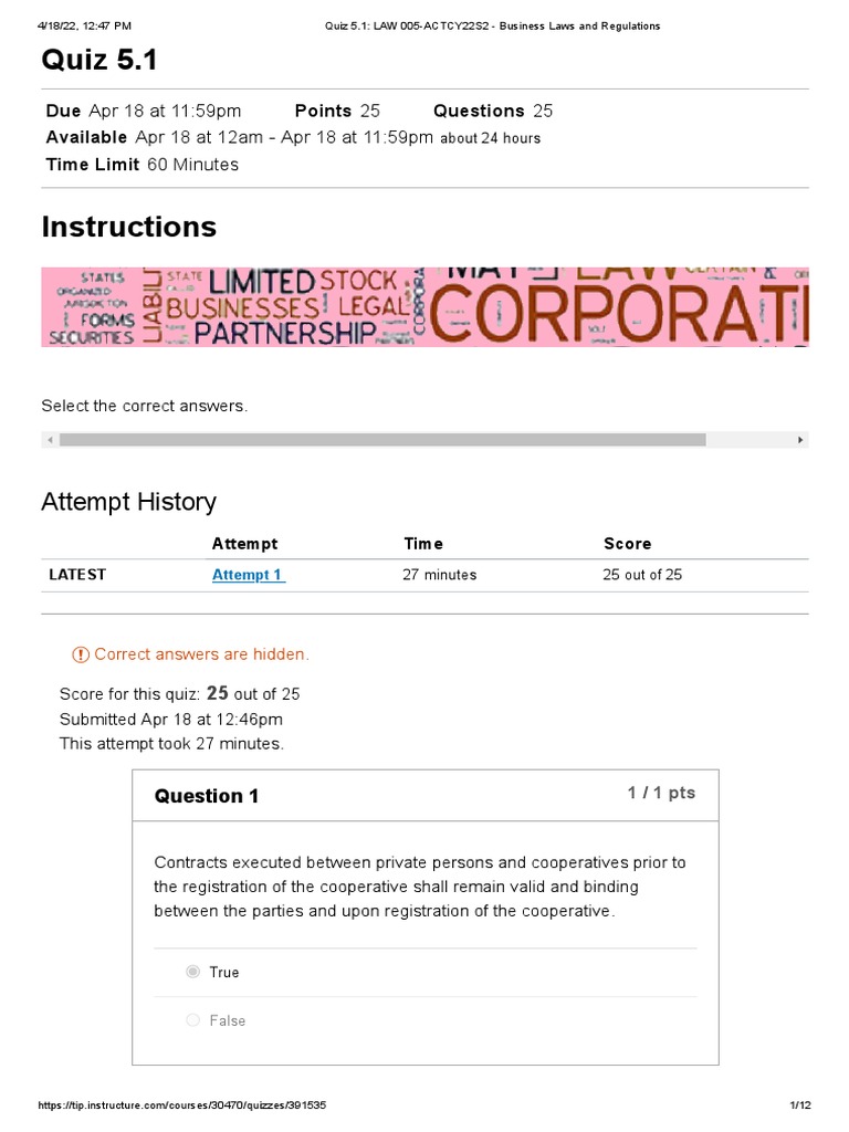 Quiz 5.1 - LAW 005 ACTCY22S2 Business Laws and Regulations | PDF ...