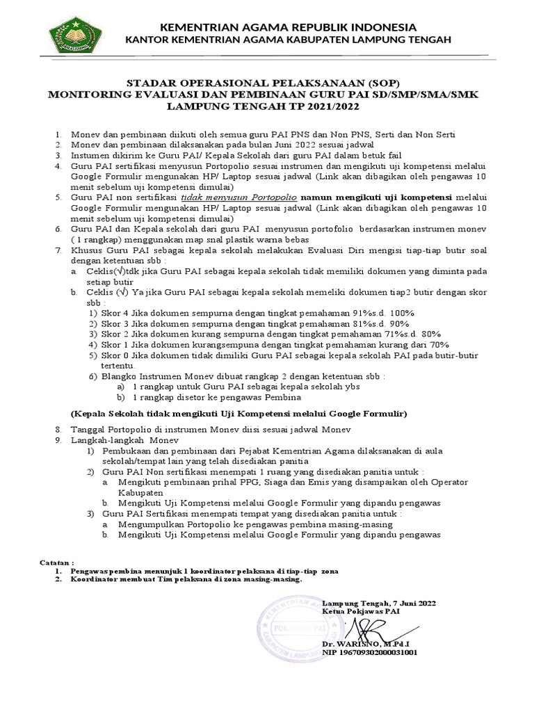 SOP Dan INSTRUMEN MONEV PAI 2022 | PDF