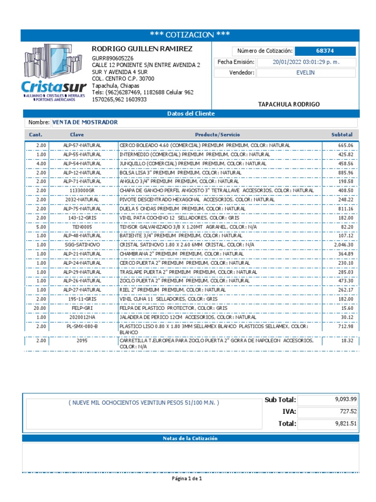 CristaSur Cotiza 68374 | PDF