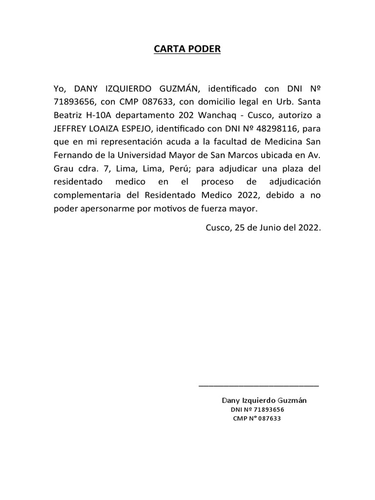 Carta Poder Lima Junio 2022 | PDF