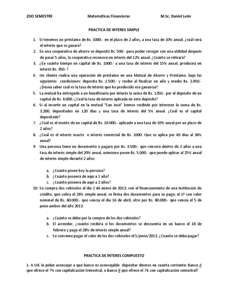 Practica de Interes Simple y Compuesto | PDF | Interés | Bancos