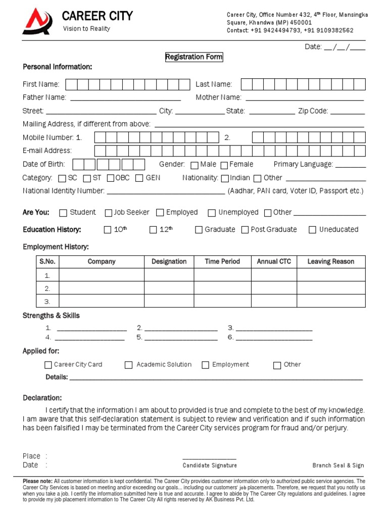 Registration Form - Career City | PDF | Government