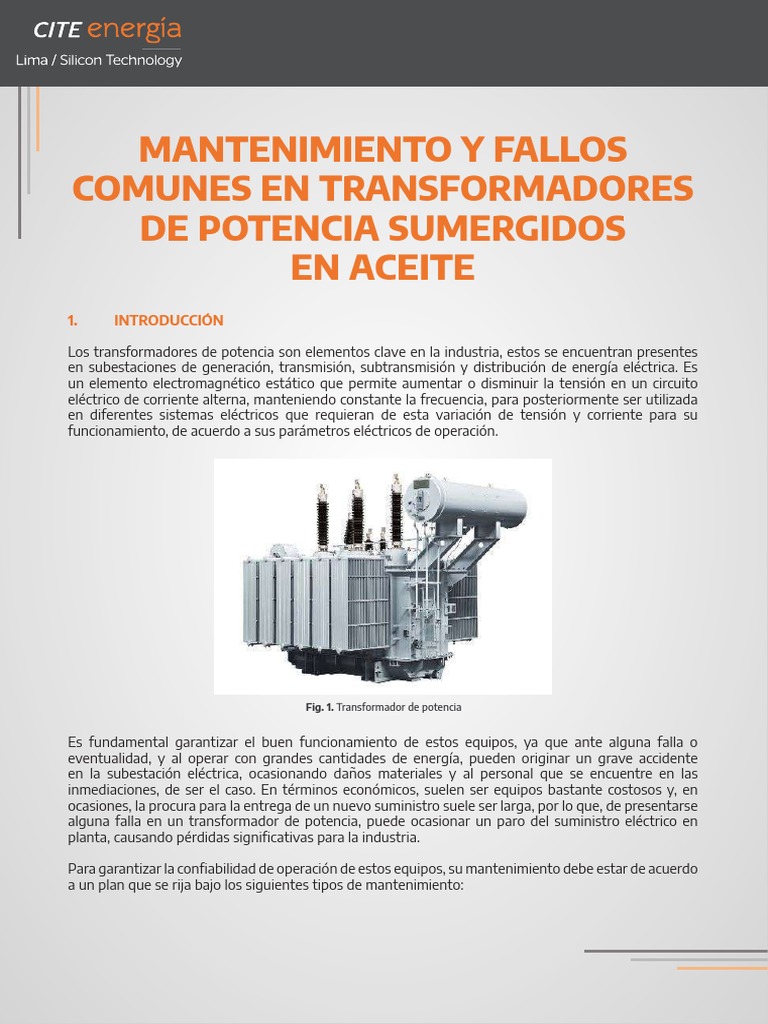 Mantenimiento y detección temprana de fallas en transformadores de potencia sumergidos en aceite ...
