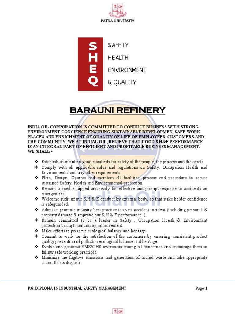 Safety Management Project On IOCL C | PDF | Safety | Occupational ...