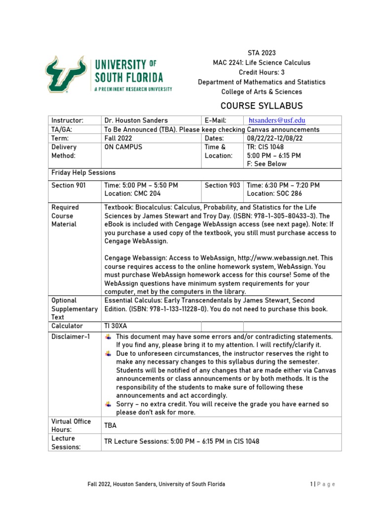 MAC 2241 Fall 2022 Htsanders Life Science Calculus Syllabus | PDF ...