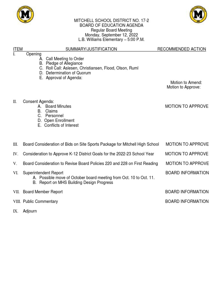School Board Meeting Agenda | PDF