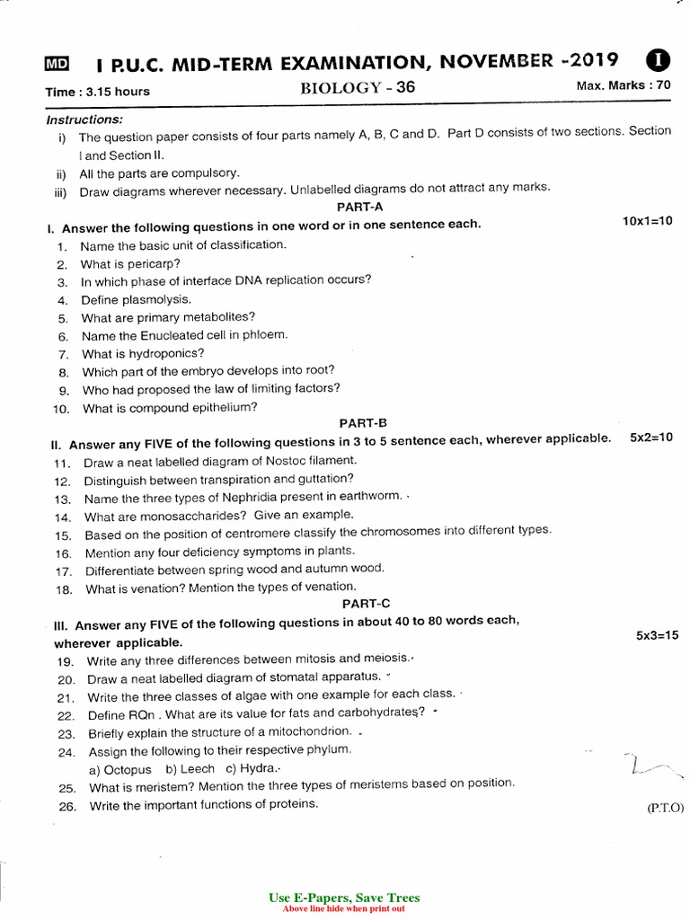 1st Puc Biology Mid Term Exam Question Paper Eng Version 2019-20 Mandya ...