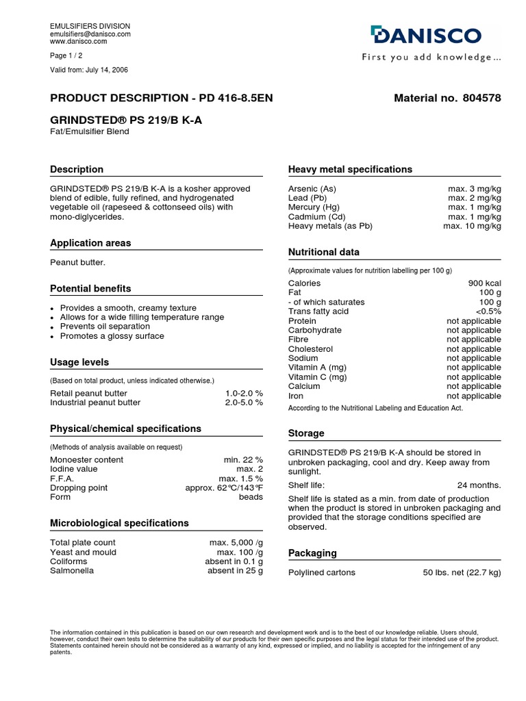 Grindsted PS 219 B K-A | PDF | Fat | Nutrition Facts Label