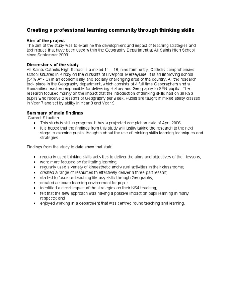 Creating A Professional Learning Community Through Thinking Skills ...