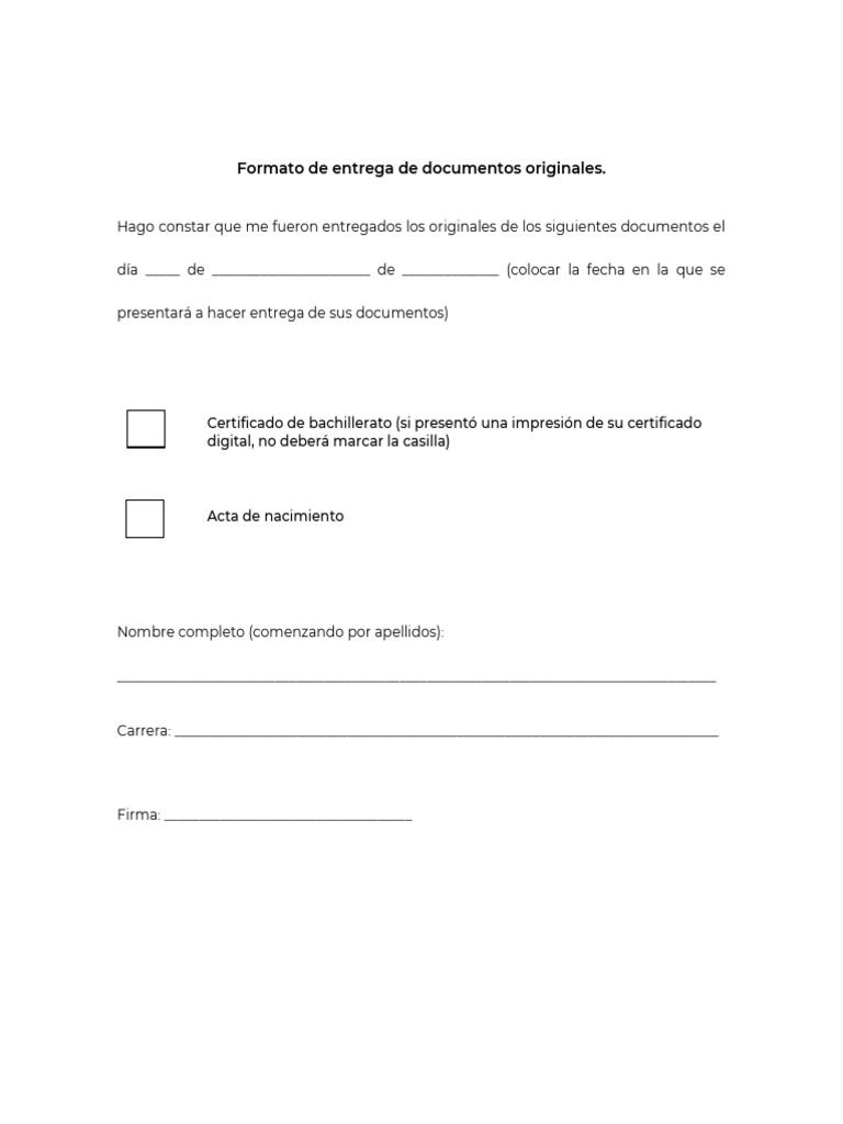 Formato de Entrega de Documentos Originales | PDF