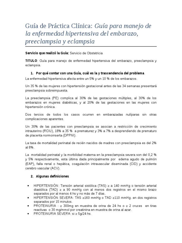 Guia para Manejo de La Enfermedad Hipertensiva Del Embarazo Preeclampsia y Eclampsia | PDF ...
