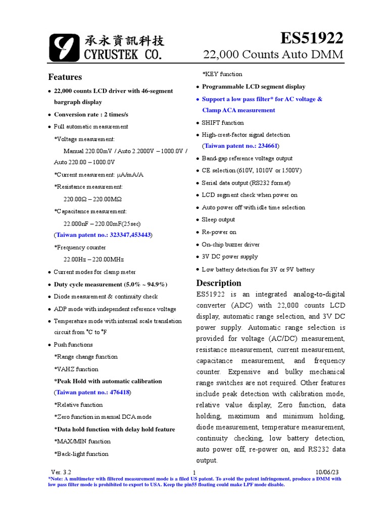 ES51922: 22,000 Counts Auto DMM | PDF | Analog To Digital Converter ...