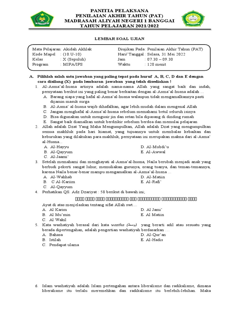 Soal PAT Akidah Akhlak Kls X IPA, IPS Sudirman Madukalang, S.Pd.I | PDF | Agama & Spiritualitas