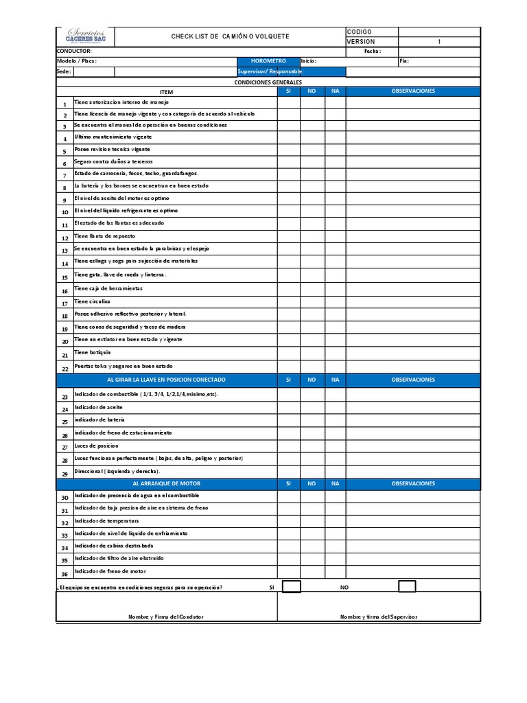 GSS-For-042 Check List Camión Volquete V01 | PDF | Camión | Vehículos