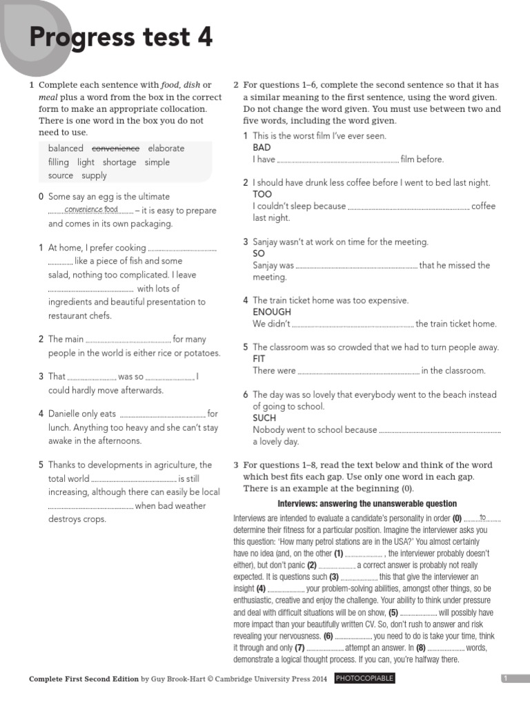 Progress Test 4 Complete First | PDF | Meal | Lunch