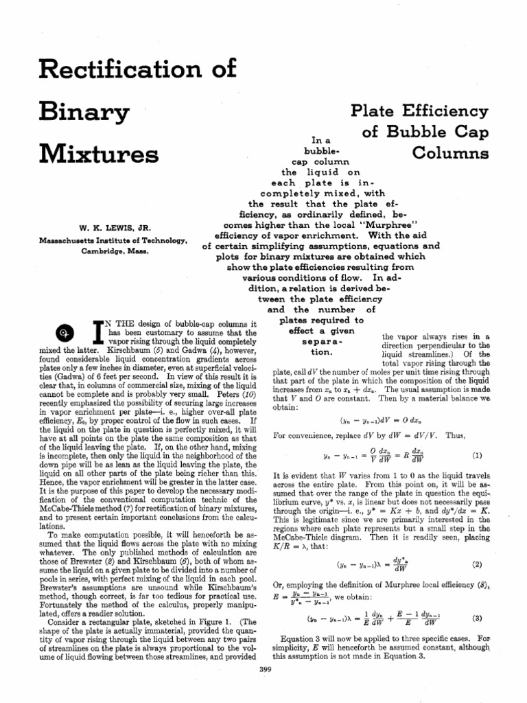 Rectification of Binary Mixtures Lewis JR 1936 | PDF | Distillation ...