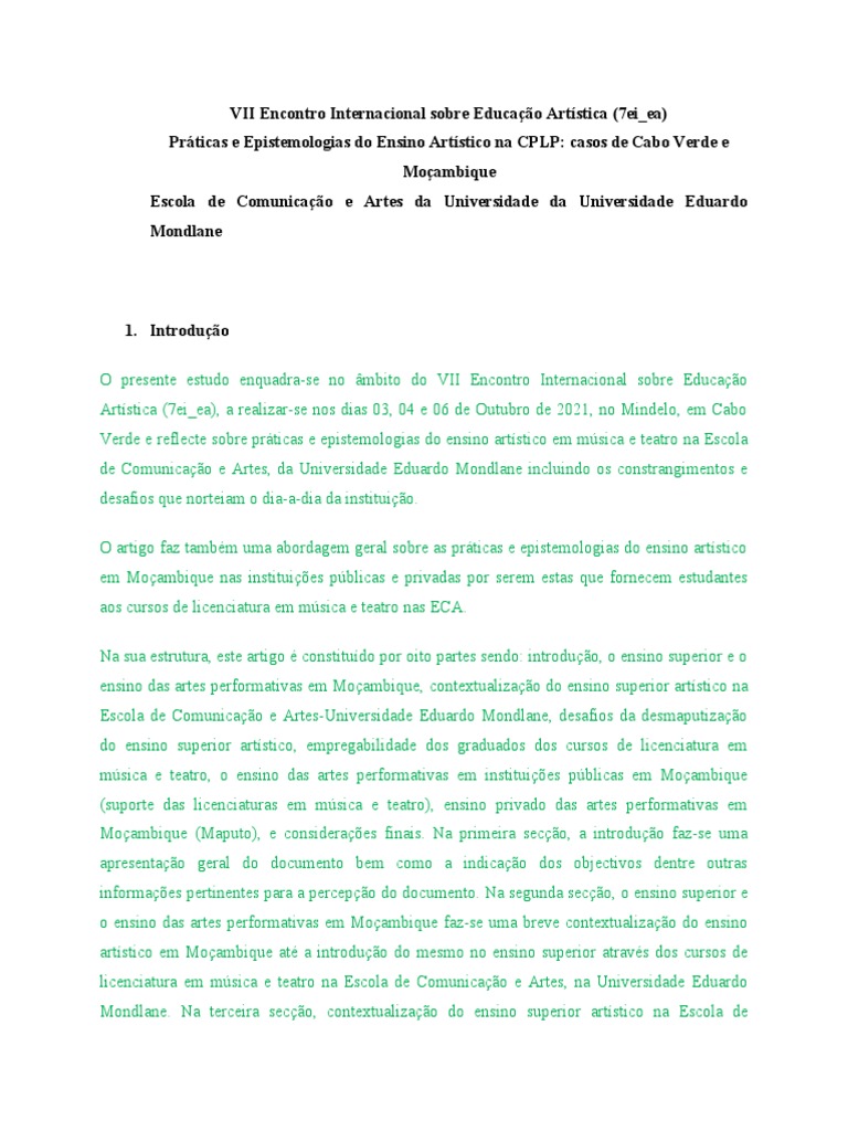 Práticas e Epistemologias do Ensino Artístico na CPLP: Um Estudo de ...