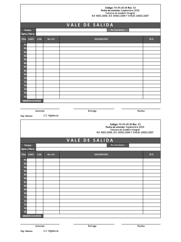 Vale de Control de Salida de Material Almacen | PDF