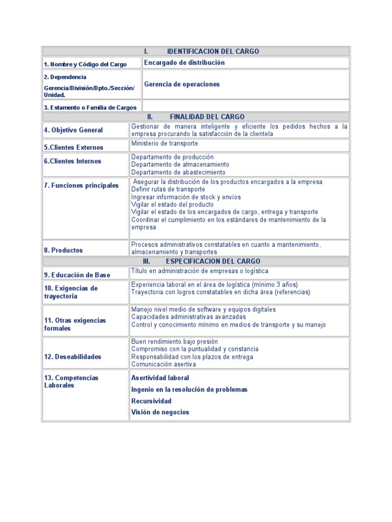 Descripcion de Cargo Jefe de Distribución | PDF | Logística | Economias
