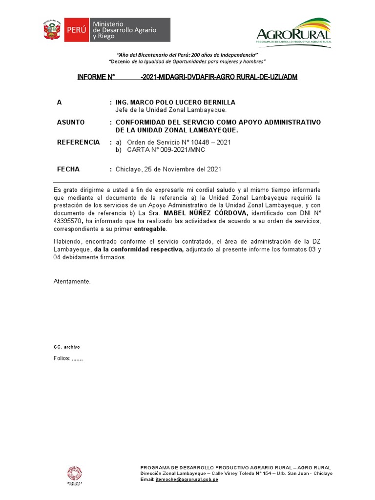 INFORME DE CONFORMIDAD DE PERSONAL 2do ENTREGABLE | PDF | Perú | Virreinatos del Imperio español