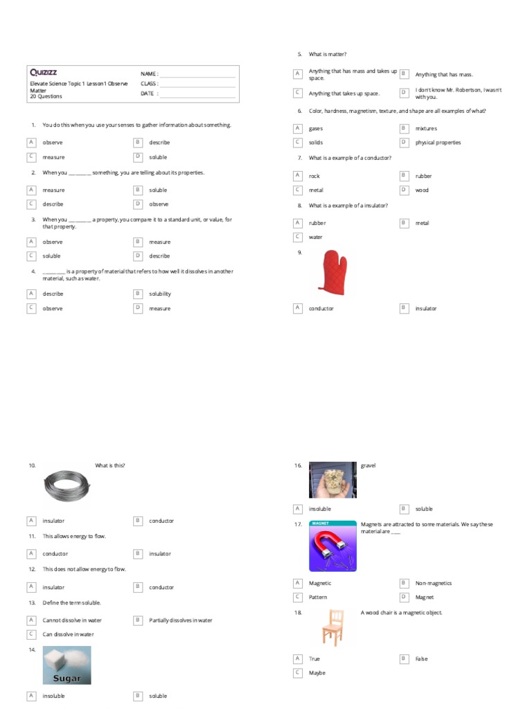 Elevate Science Topic 1 Lesson1 Observe Matter Quiz | PDF | Solubility ...