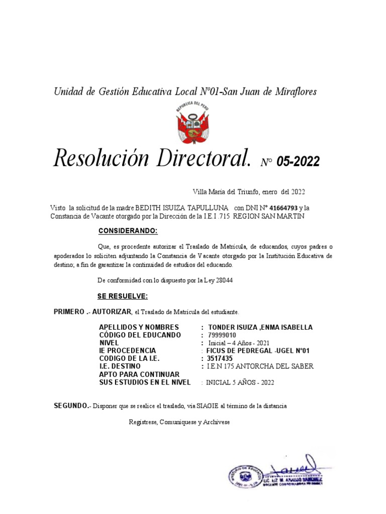 Resolucion de Traslado 2022 Ok | PDF Resolucion de Traslado 2022 Ok | PDF