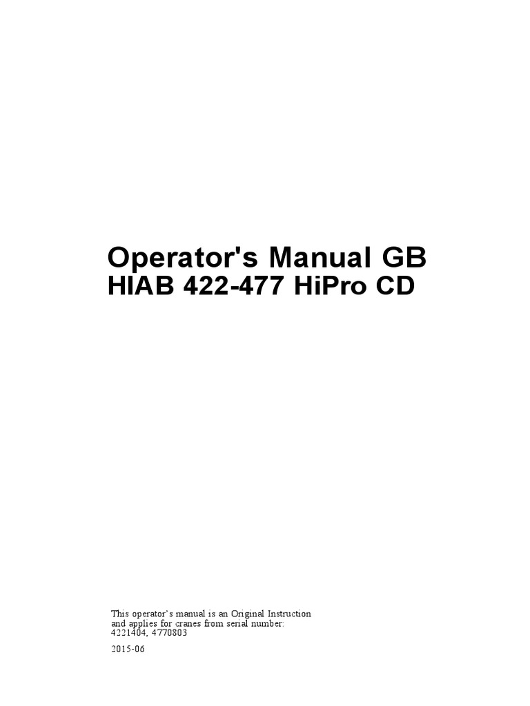 Hiab - Xs Hipro 422 477 - Operators Manual | PDF | Crane (Machine) | Wound