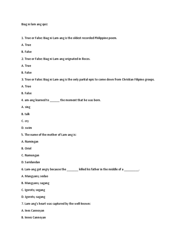 biag ni lam ang quiz | PDF