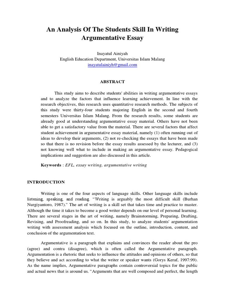 AN ANALYSIS OF THE STUDENTS SKILL IN WRITING ARGUMENTATIVE ESSAY ...