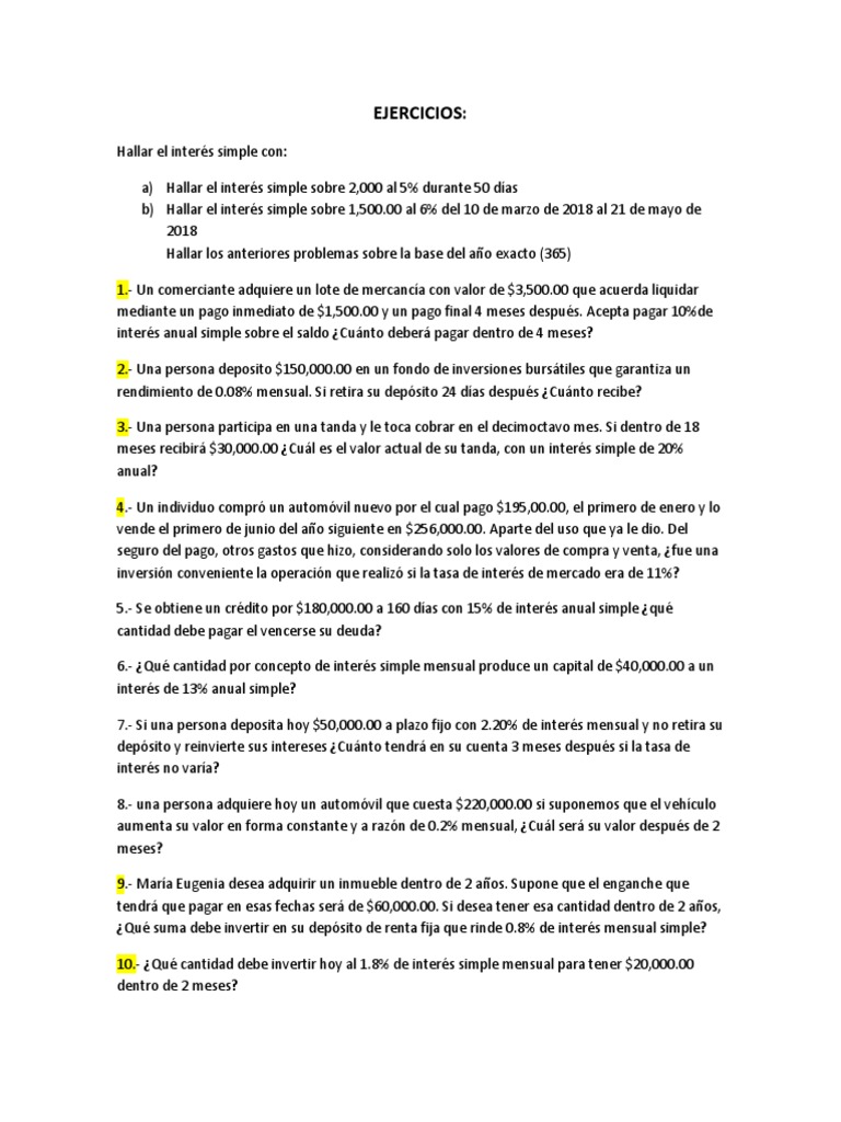 2 Ejerc INTERES SIMPLE | PDF | Interés | Tasas de interés