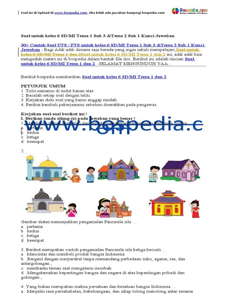 30 - Contoh Soal UTS PTS Untuk Kelas 6 SD MI Tema 1 Sub 3 &tema 2 Sub 1 Kunci Jawaban | PDF ...
