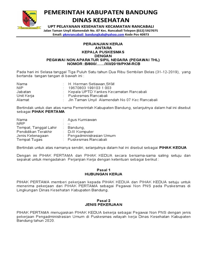 PKS (Perjanjian Kerjasama) THL 2020 | PDF