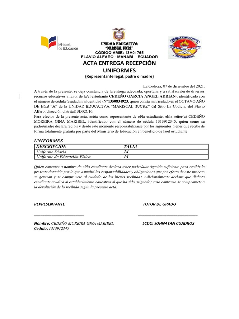 Acta de Uniforme 2021-2022 | PDF