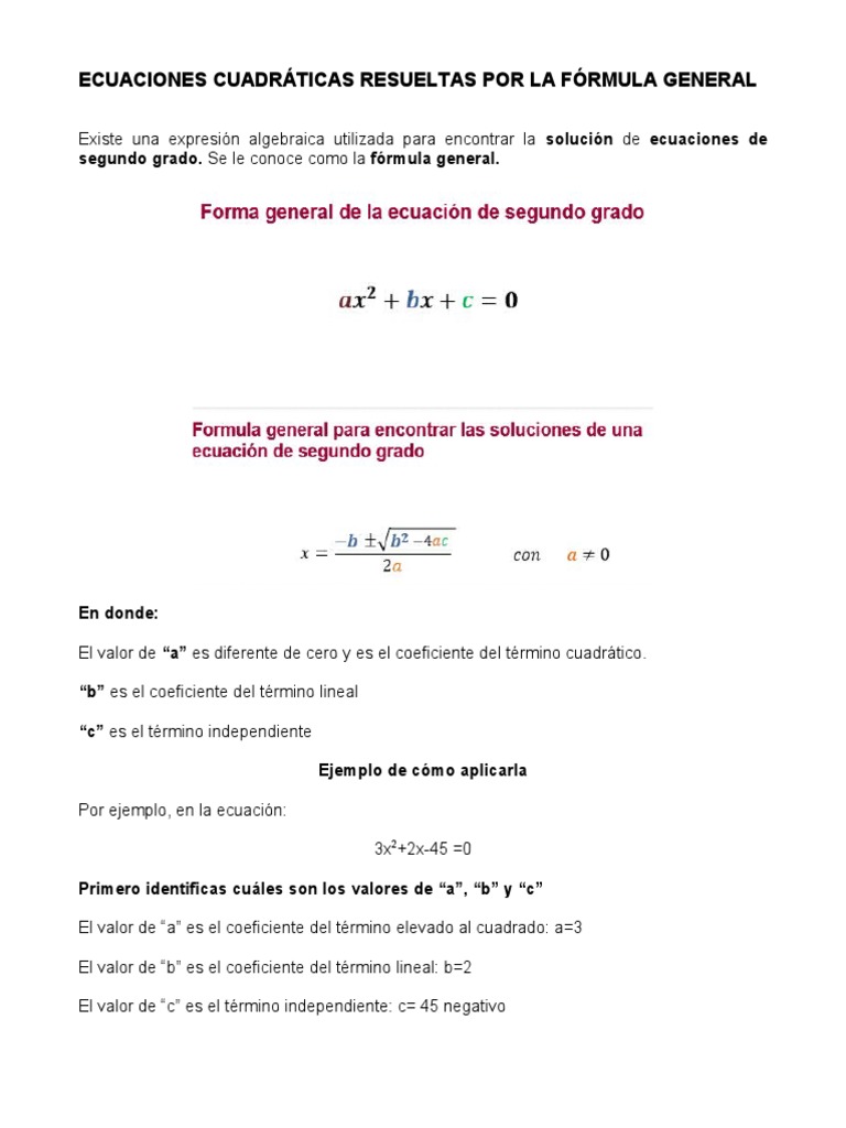 Ecuaciones Cuadráticas Fórmula General | PDF | Ecuaciones | Ecuación ...