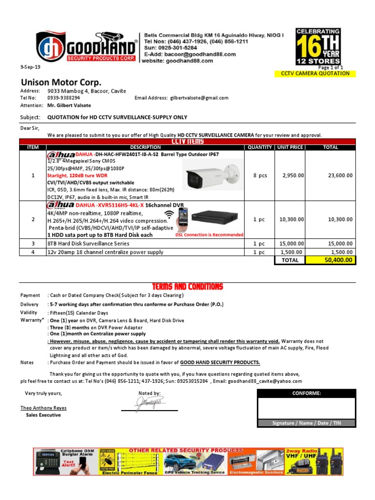 Unison Motor Corp. CCTV 8 X 4mp Starlight Camera Rev. (A) | PDF ...