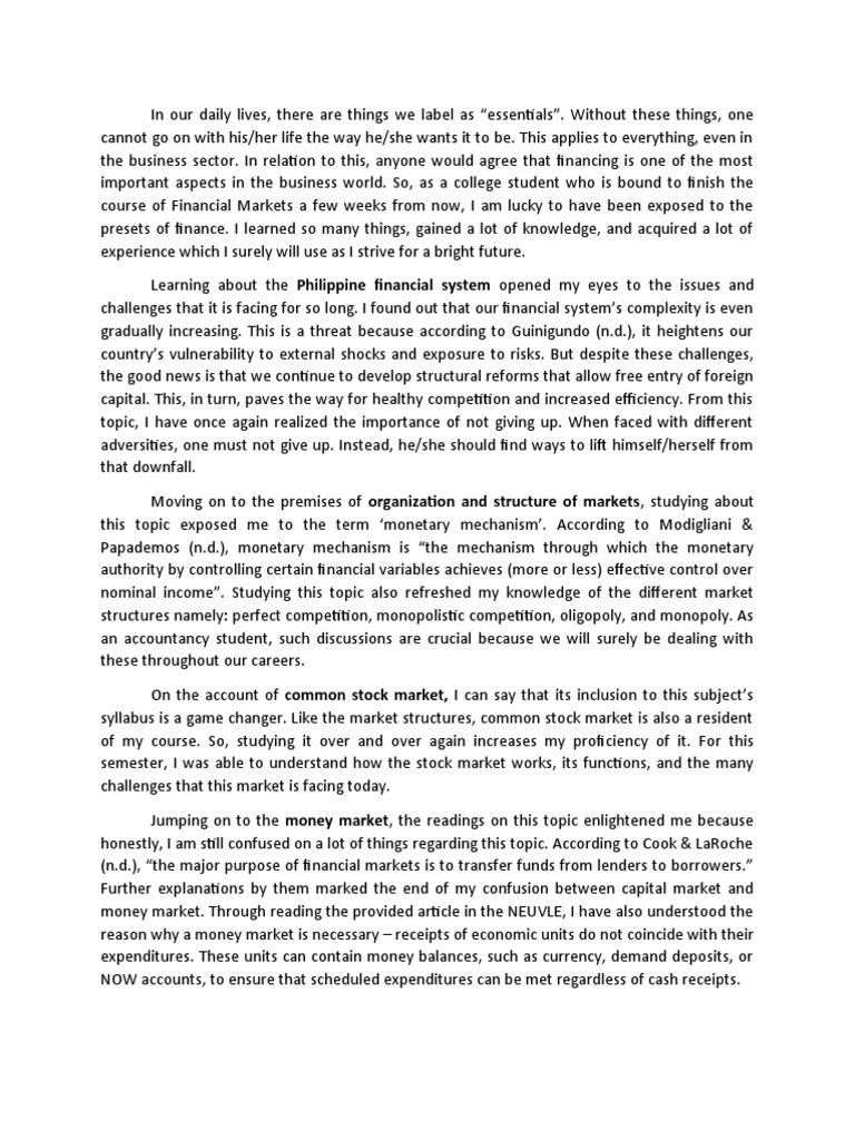 Reflection Paper - FINMAR | PDF | Money | Market (Economics)