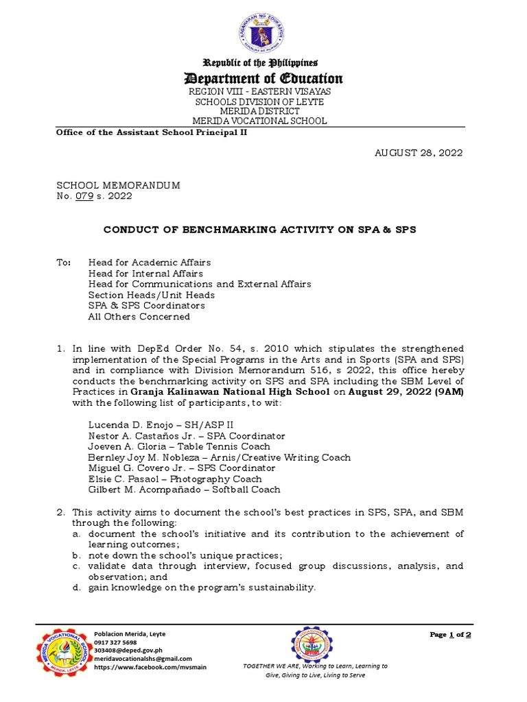SM - 079s.2022 - Conduct of Benchmarking Activity For SPA & SPS | PDF