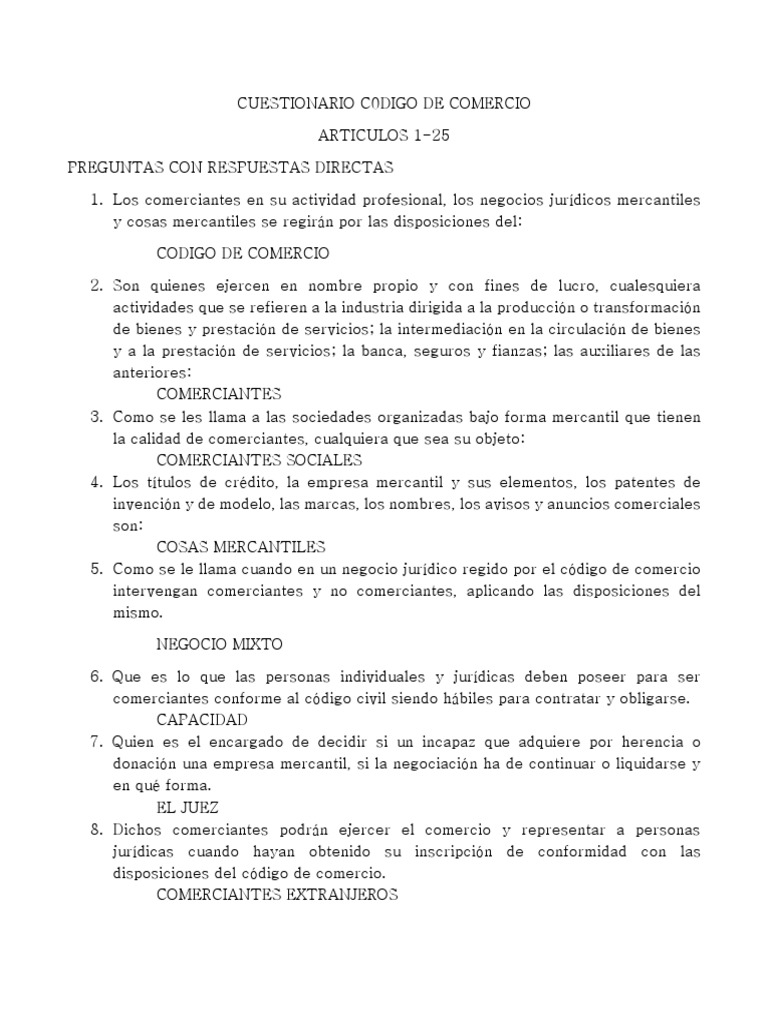 Cuestionario C0digo de Comercio | PDF | Sociedad de responsabilidad limitada | Reaseguro