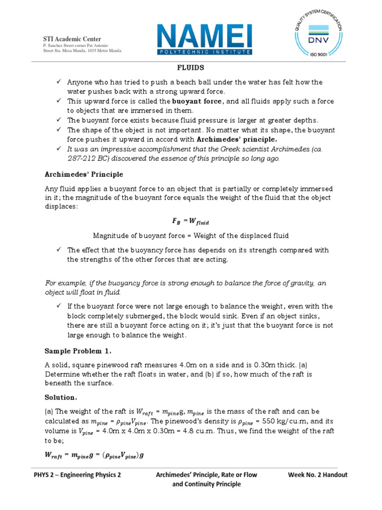 PHYS 2 - Engineering Physics 2 (Week 2) | PDF | Buoyancy | Dynamics ...