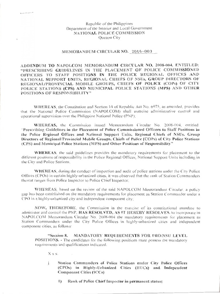 (MC 2016-003) Placement of Police Commissioned Officers To Staff ...