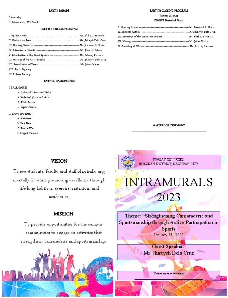 PIMSAT Intramurals 2023 Parade and Closing Program | PDF | Ball Games ...