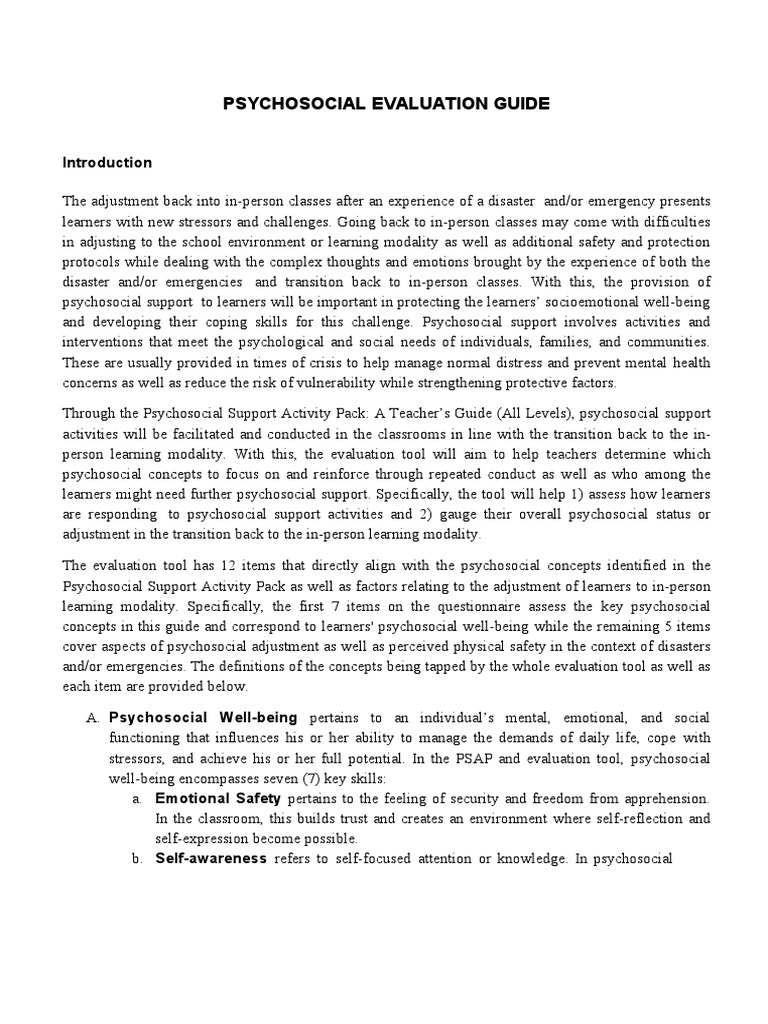 PSYCHOSOCIAL EVALUATION GUIDE For PSAP 2.0 | PDF | Psychosocial | Learning