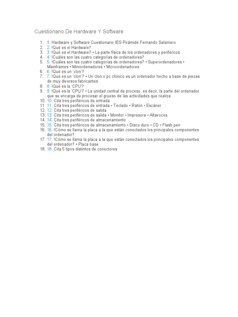 Cuestionario de Hardware Y Software | PDF