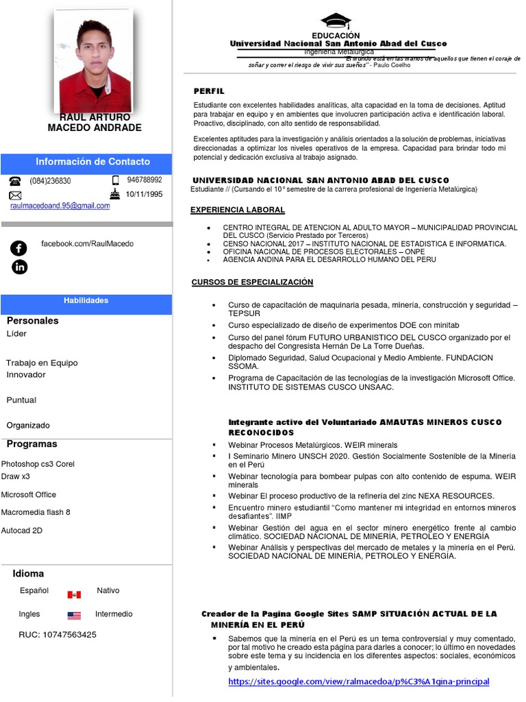 Cv Raul Macedo Documentado | PDF | Minería