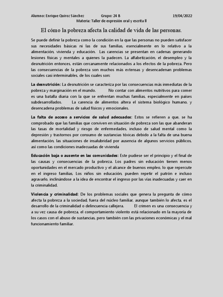El Cómo La Pobreza Afecta La Calidad de Vida de Las Personas | PDF | Pobreza | Pobreza e indigencia