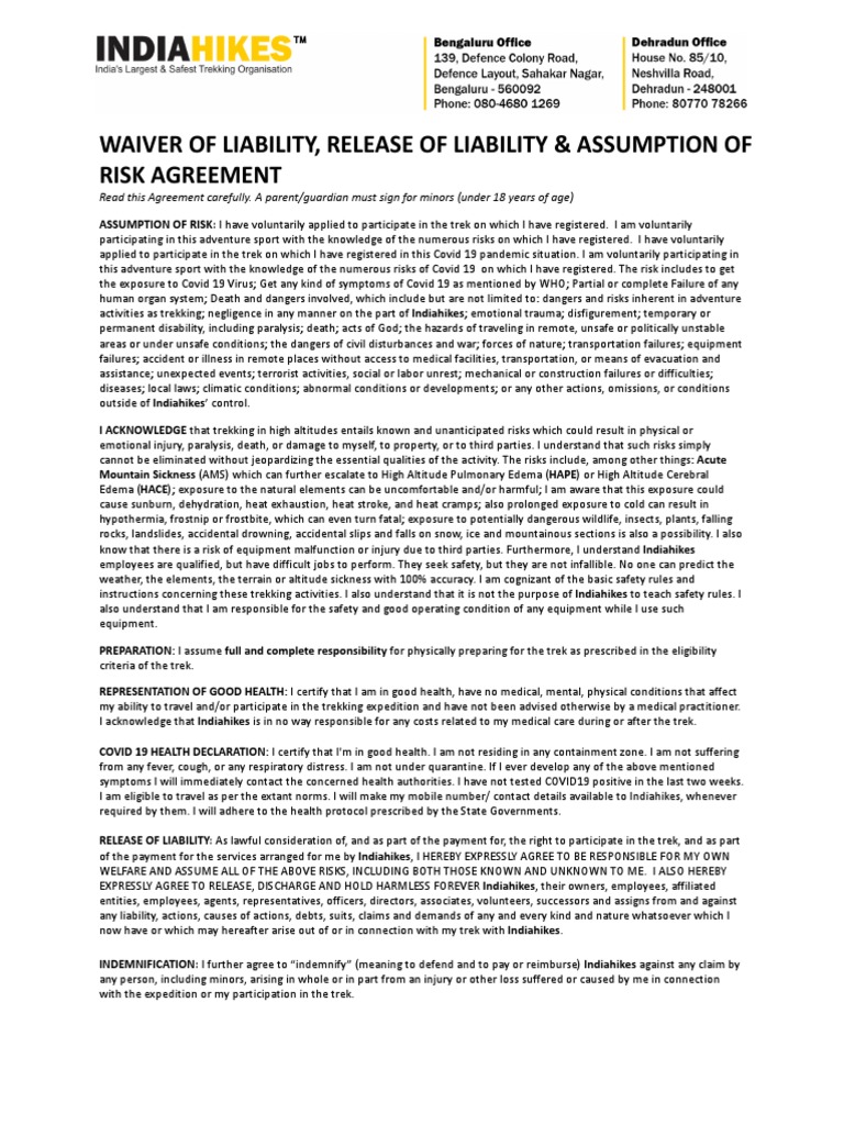 IH Trekker Disclaimer Form | PDF | Indemnity | Hypothermia