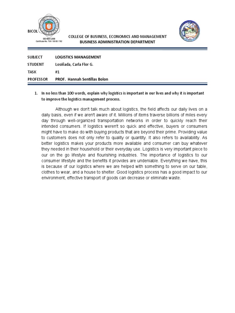 LOGISTICS MANAGEMENT - Task 1-1 | PDF | Business | Social Science