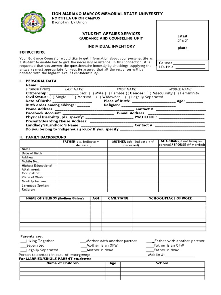 Student Individual Inventory Form | PDF | Social Institutions
