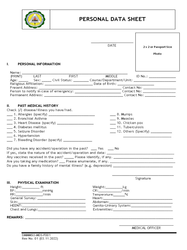 F001 - Personal Data Sheet | PDF | Human Diseases And Disorders | Health Sciences