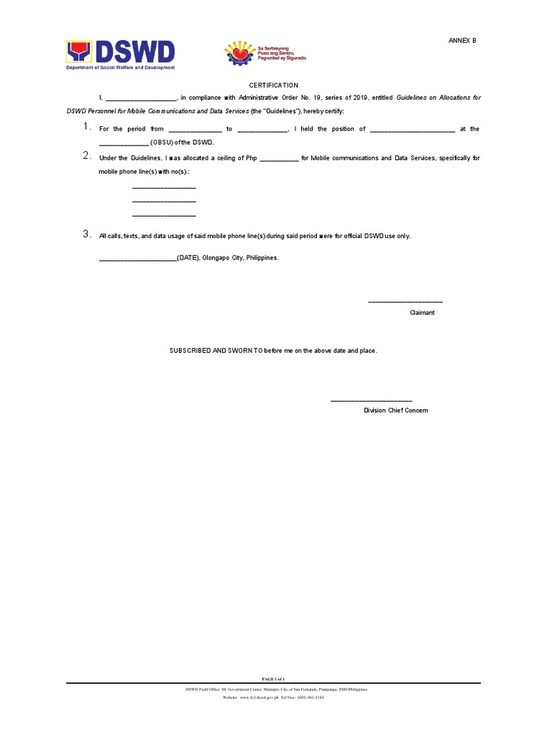 Certification - Load Allowance Annex B | PDF